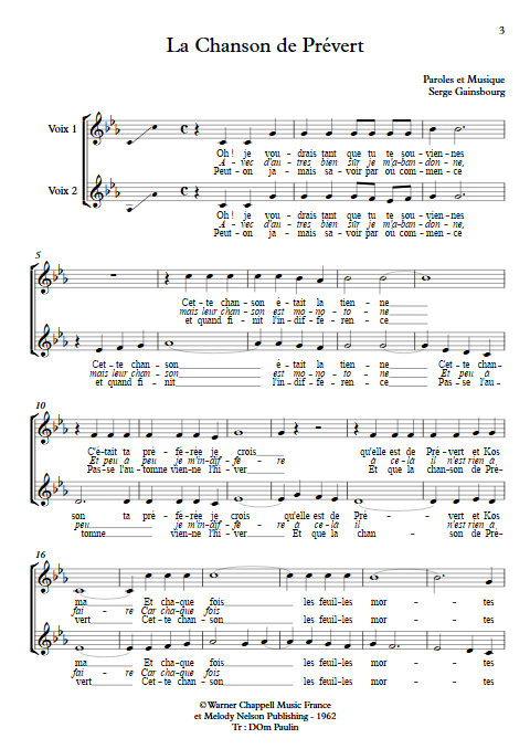 Partition La Chanson de Prévert - Serge Gainsbourg